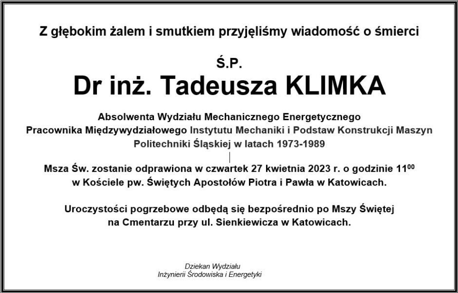 Zmarł dr inż. Tadeusz Klimek | Katedra Ochrony Powietrza